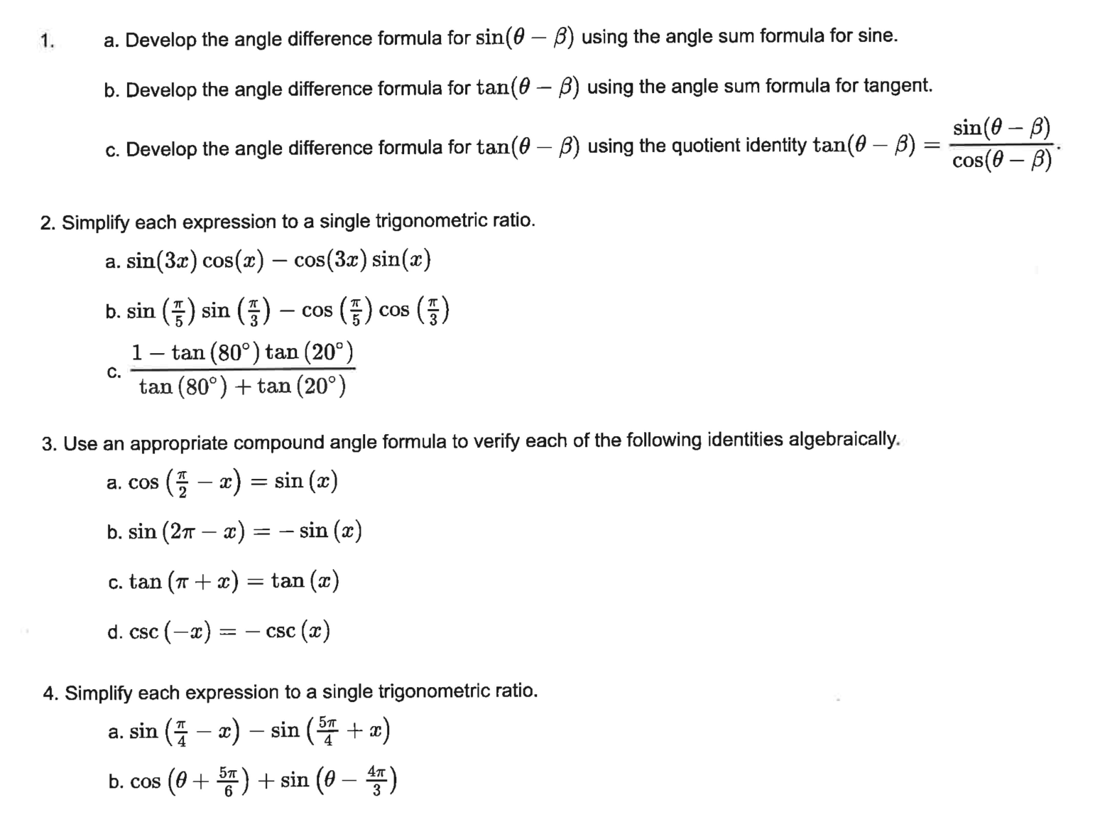 Solved 1. a. Develop the angle difference formula for | Chegg.com