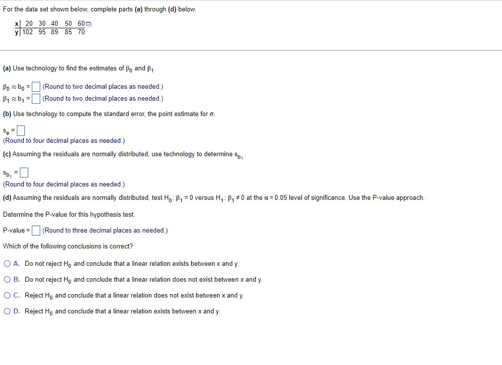 Solved For the data set shown below, complete parts (a) | Chegg.com
