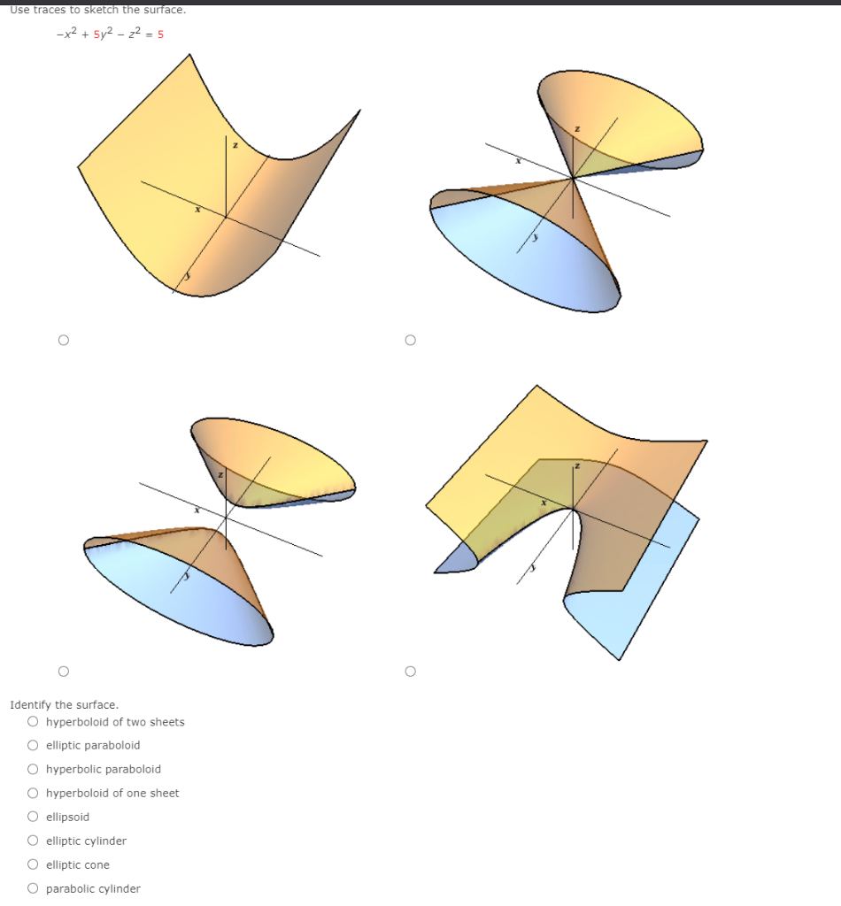 Solved Use traces to sketch the surface. -X2 + 5y2 - 22-5 O | Chegg.com