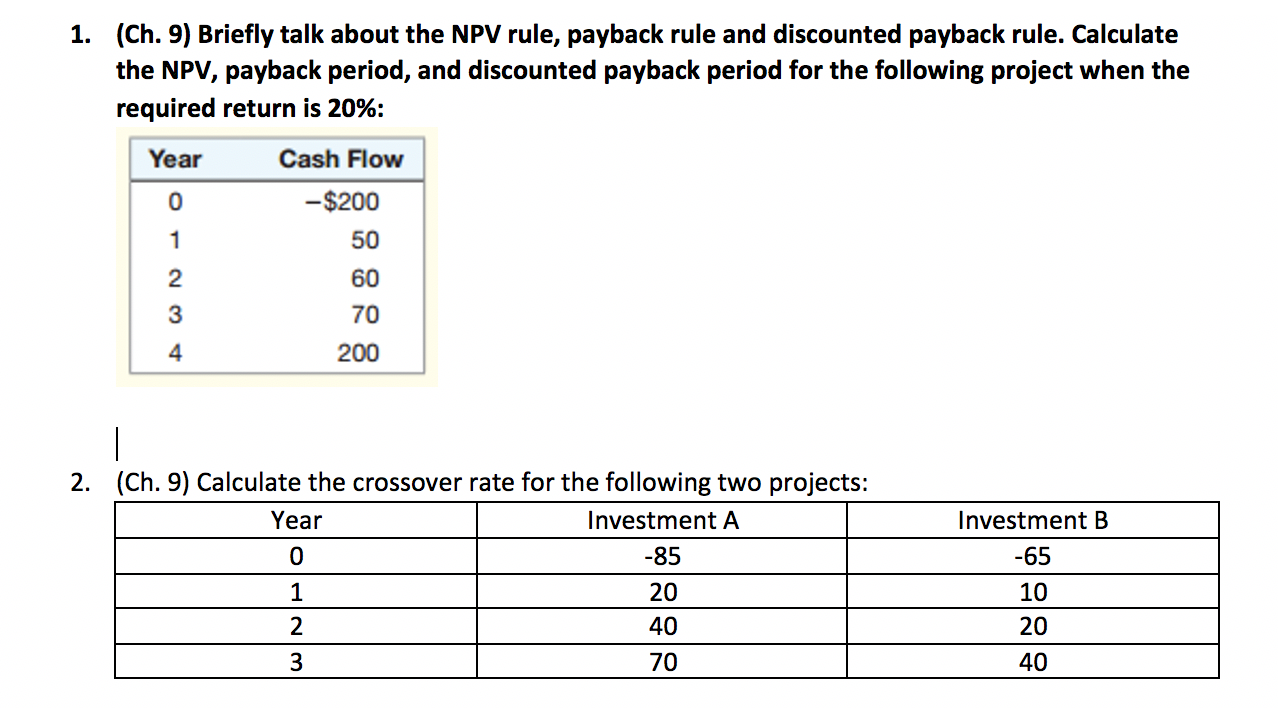 Solved 1. (Ch. 9) Briefly talk about the NPV rule, payback | Chegg.com