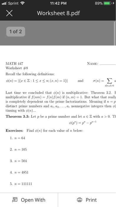 Solved Sprint 11:42 PM 89%--+ Worksheet 8.pdf 1 of 2 MATH | Chegg.com
