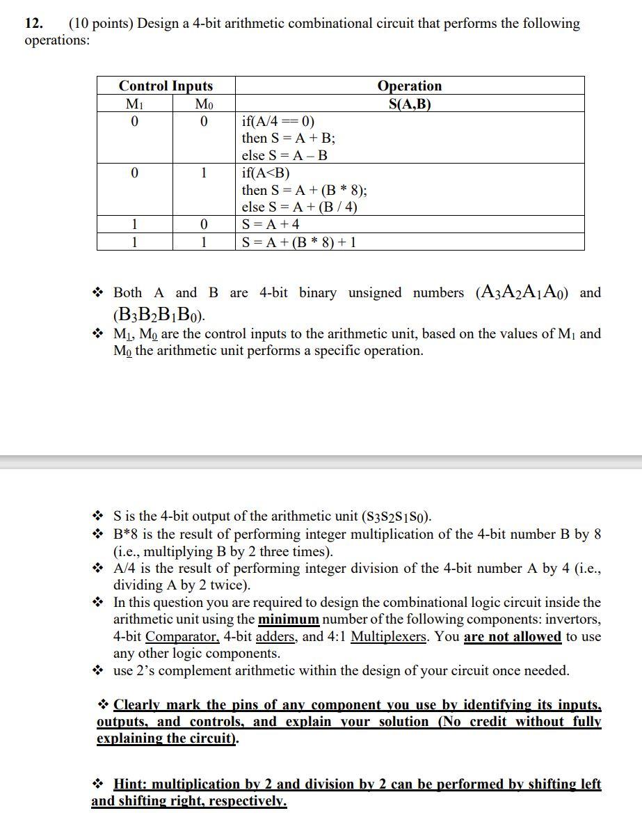 12. (10 points) Design a 4-bit arithmetic | Chegg.com