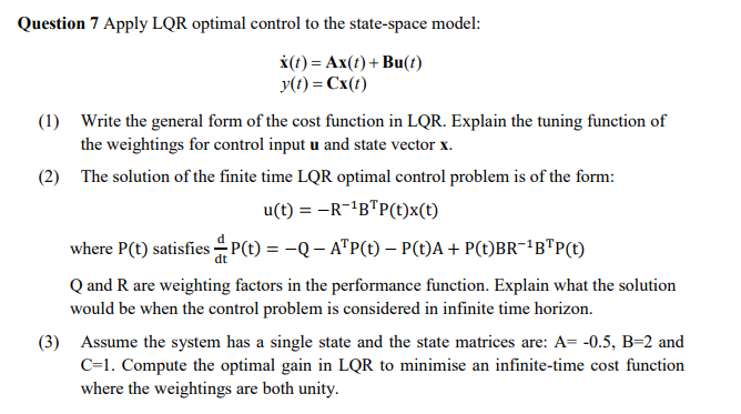 Solved Question 7 Apply Lqr Optimal Control To The 