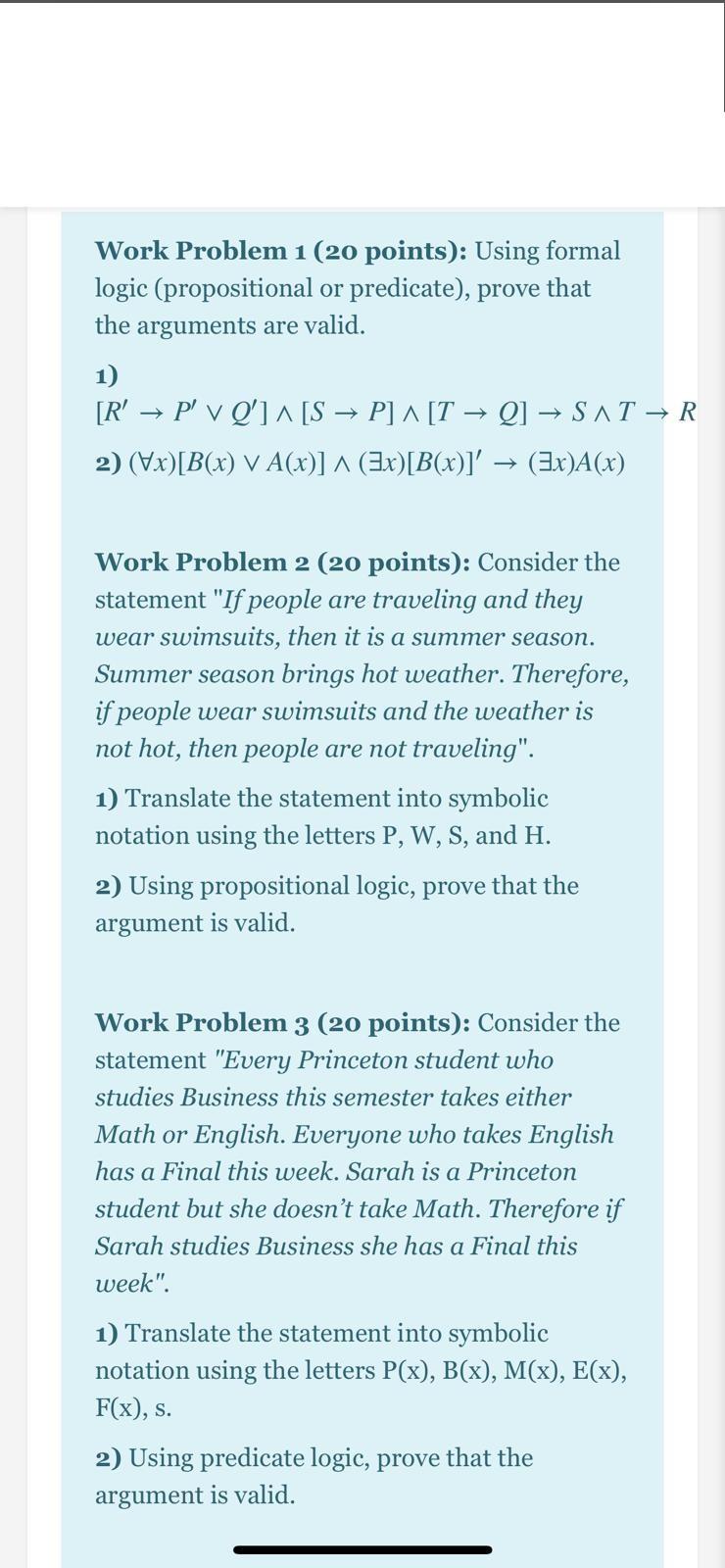 Solved Work Problem 1 (20 points): Using formal logic | Chegg.com