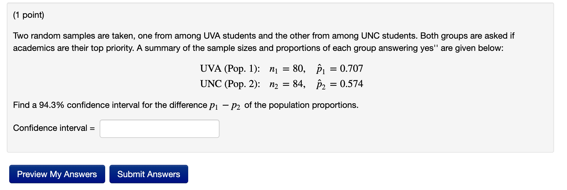 Solved (1 point) Two random samples are taken, one from | Chegg.com