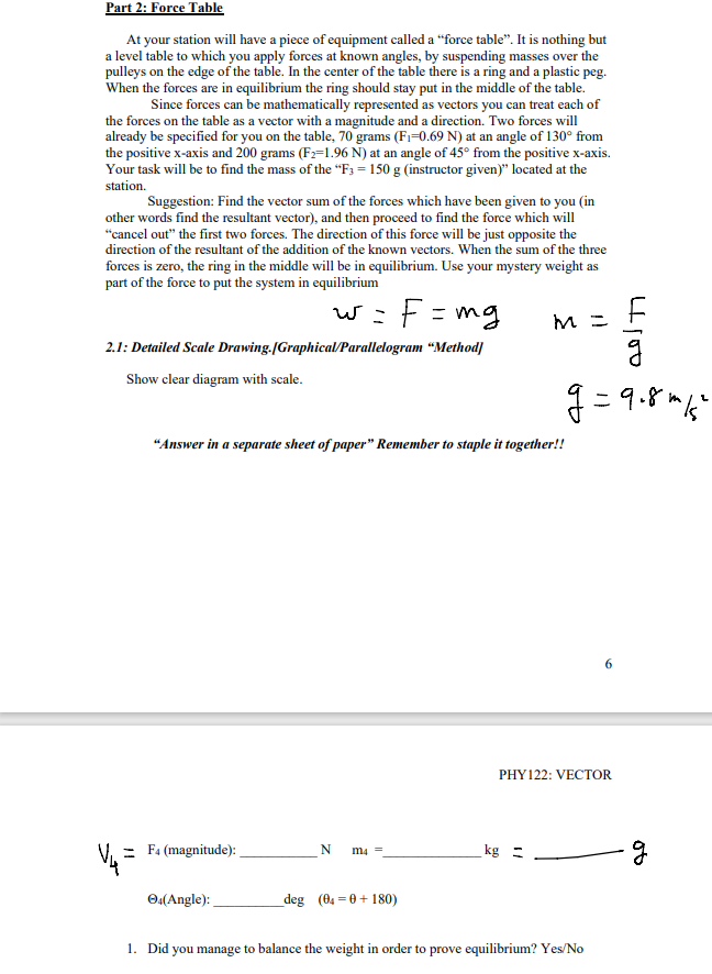 Solved Part 2: Force Table At your station will have a piece | Chegg.com