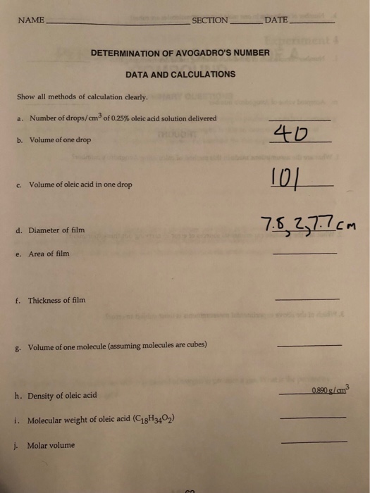 NAME SECTION DATE DETERMINATION OF AVOGADRO'S NUMBER | Chegg.com
