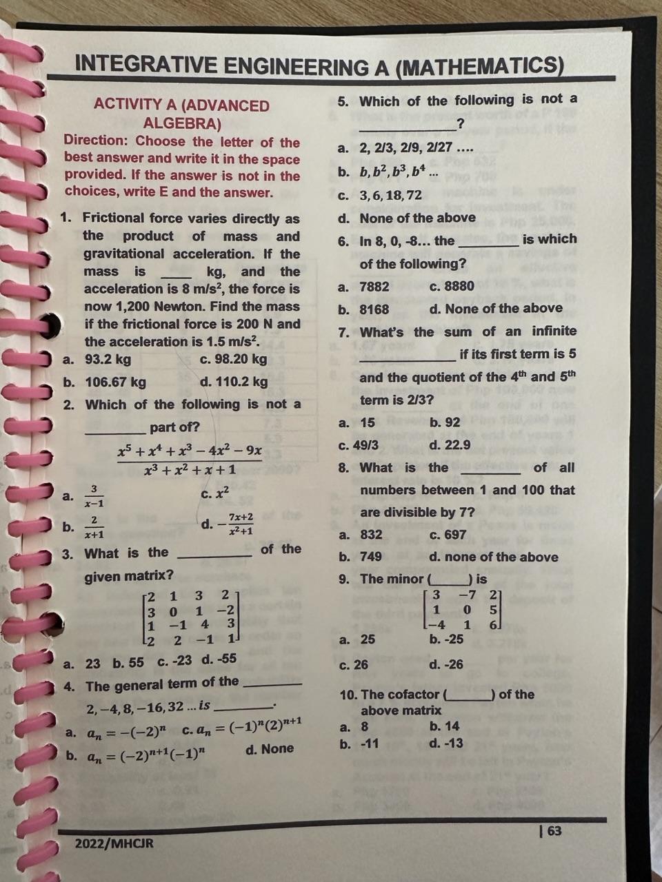 INTEGRATIVE ENGINEERING A (MATHEMATICS) ACTIVITY A | Chegg.com