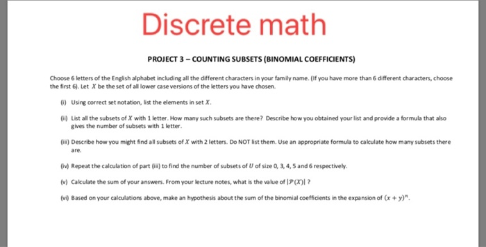 Solved Discrete math PROJECT 3-COUNTING SUBSETS (BINOMIAL | Chegg.com