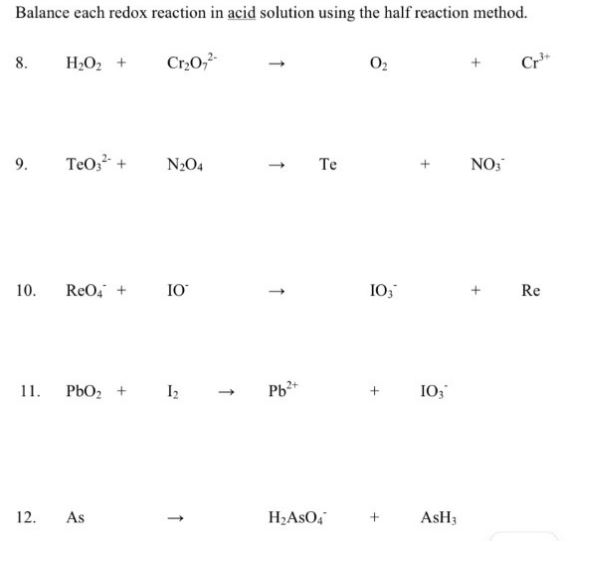 Solved Balance each redox reaction in acid solution using | Chegg.com