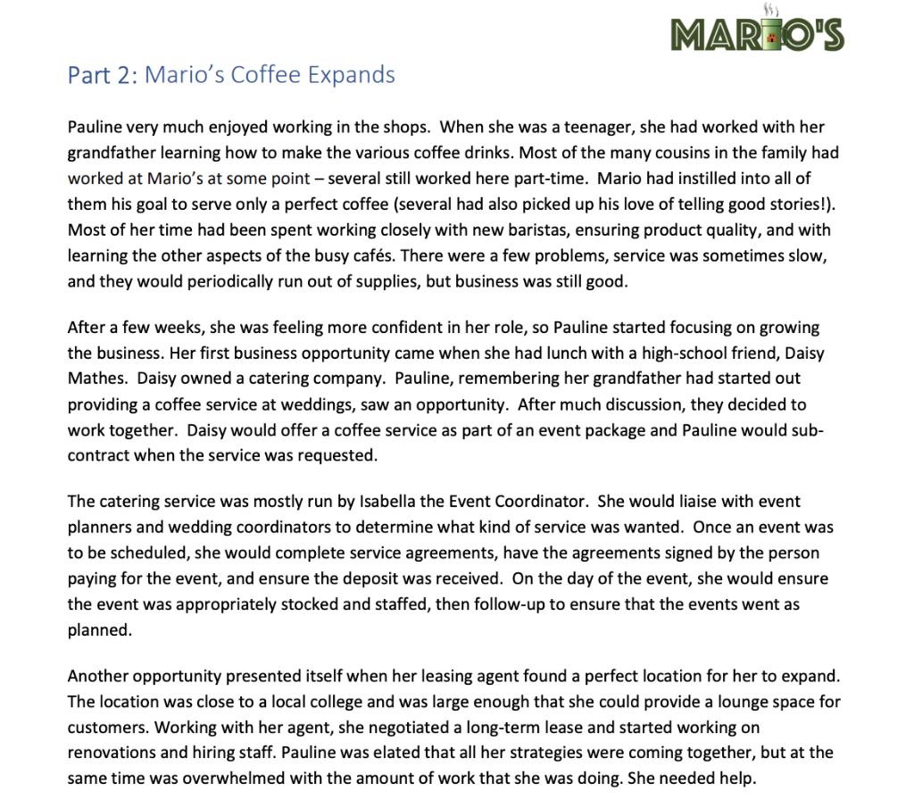 Solved Read Part 4 of the Mario’s Place Coffee case study. | Chegg.com