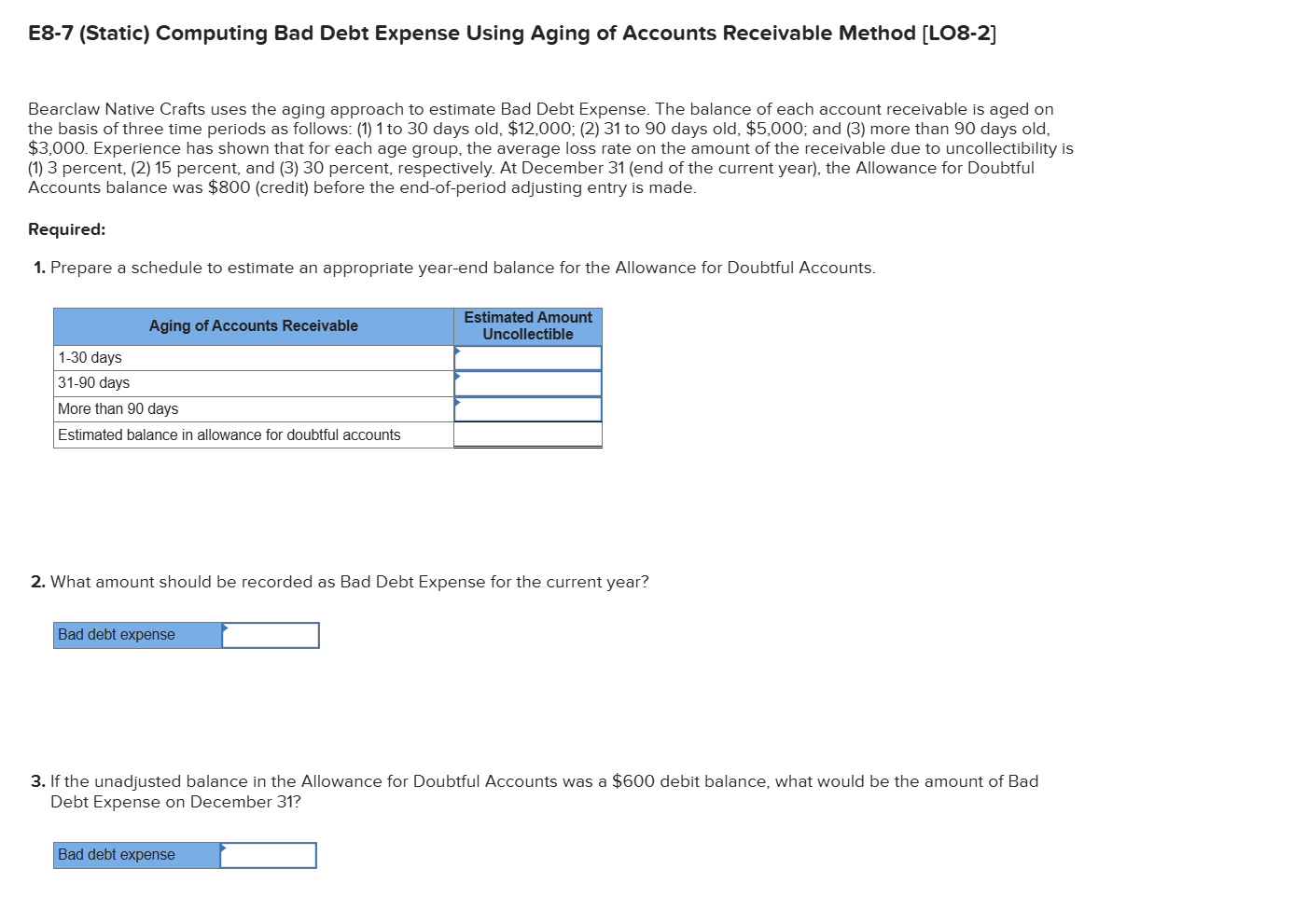 Solved E8-7 (Static) ﻿Computing Bad Debt Expense Using Aging | Chegg.com