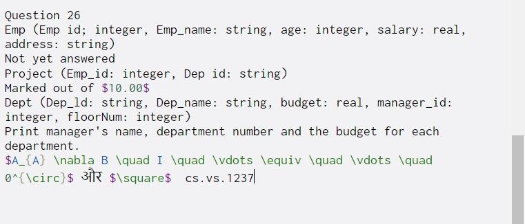 Solved Question 26 Emp (Emp id; integer, Emp_name: string, | Chegg.com