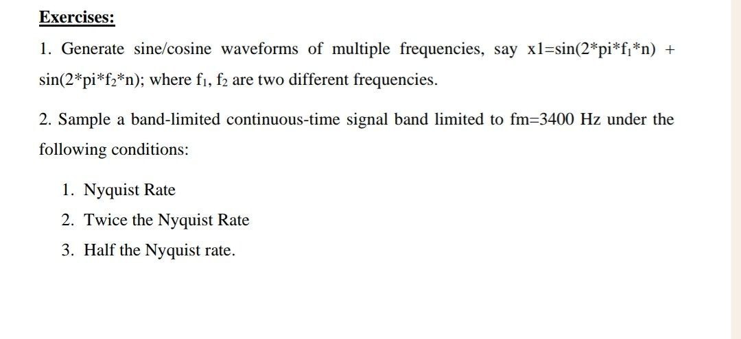 Solved Exercises:Generate sine/cosine waveforms of multiple | Chegg.com