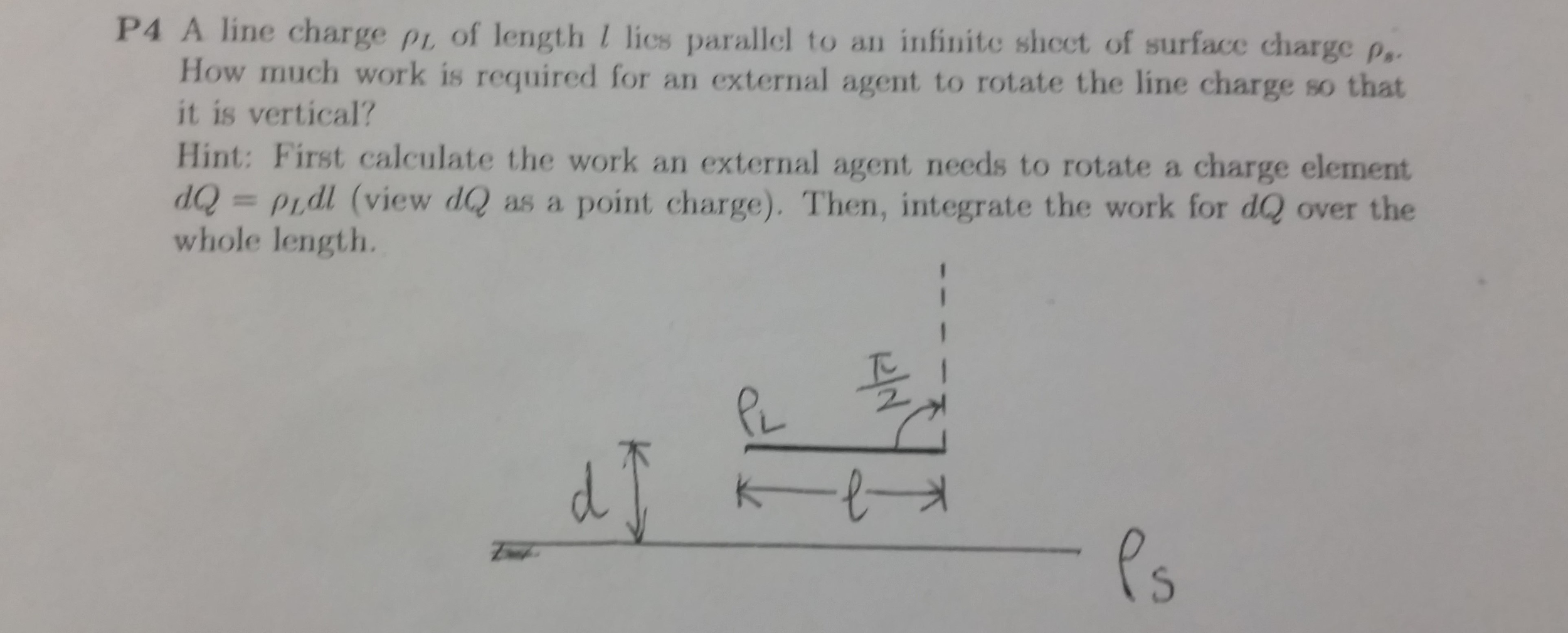 Solved P4 A line charge ρL of length l lics parallel to an | Chegg.com