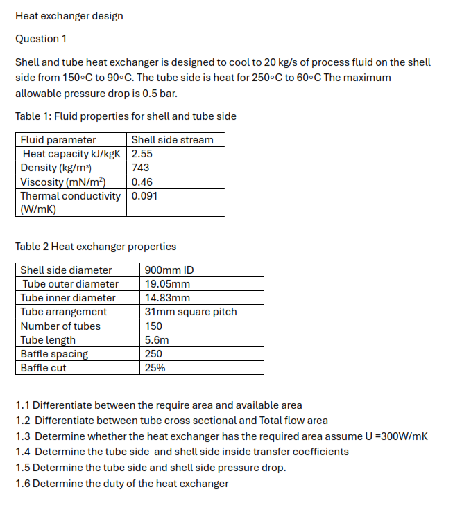 Solved Heat exchanger design Question 1 ﻿Shell and tube heat | Chegg.com