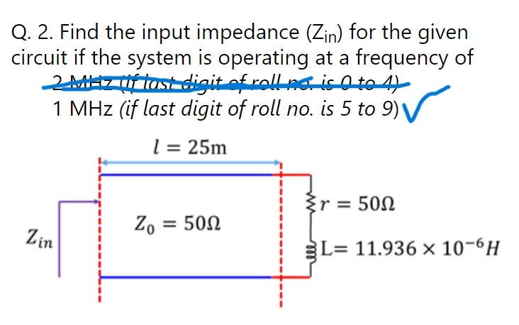 Solved Q. 2. Find the input impedance (Zin) for the given | Chegg.com