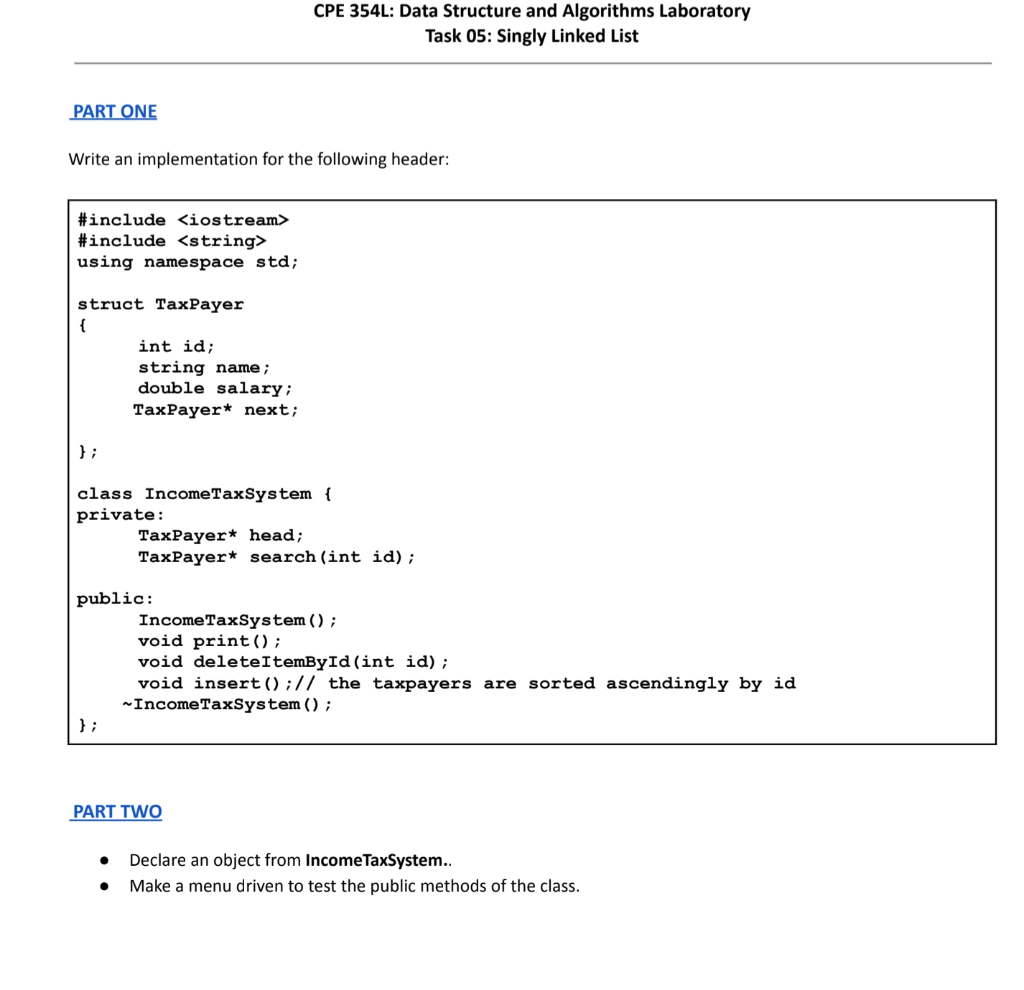 Solved CPE 354L: Data Structure and Algorithms Laboratory | Chegg.com
