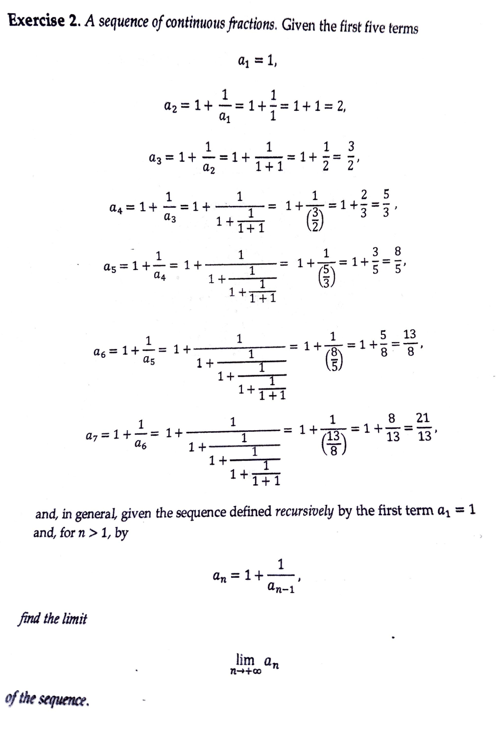 Solved Exercise 2. A sequence of continuous fractions. Given | Chegg.com