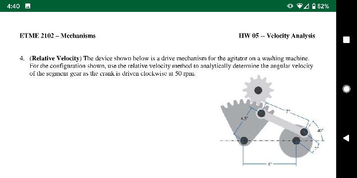 Solved 04 52% ETME 2102 - Mechanisms HW 05 -- Velocity | Chegg.com