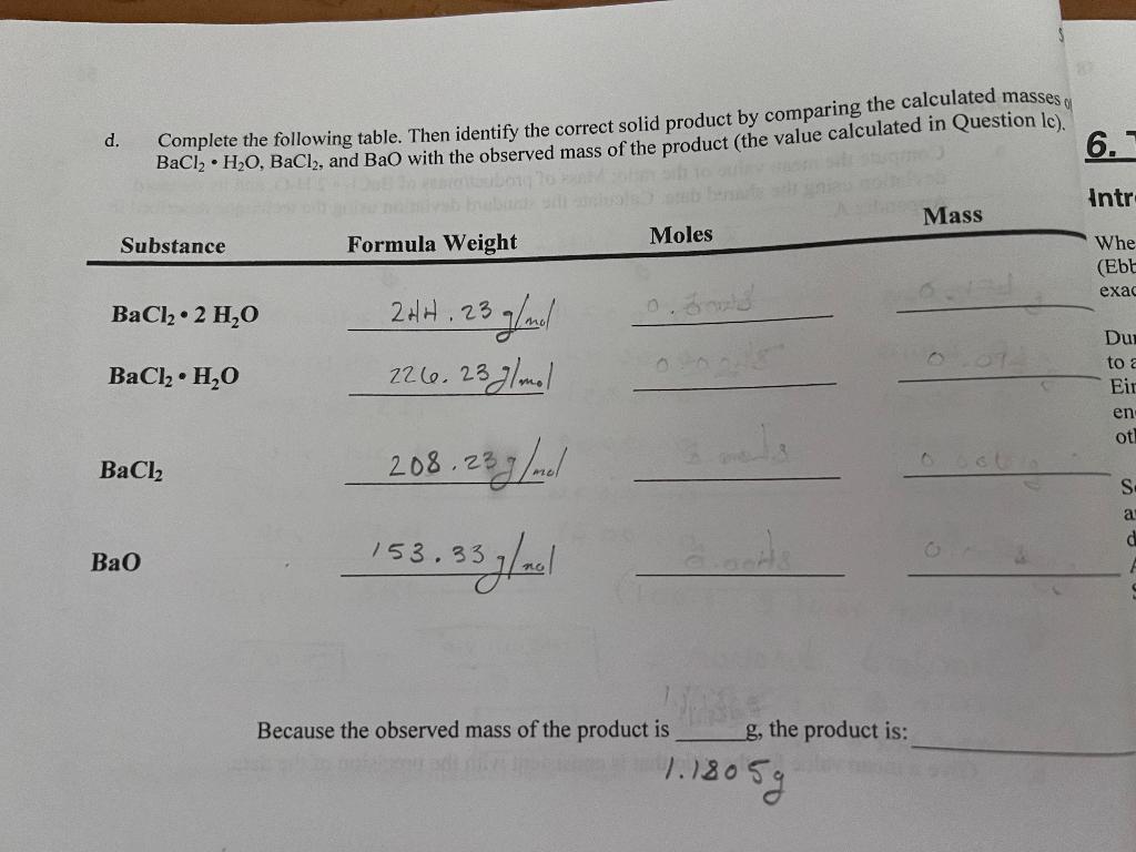 Solved d. Complete the following table. Then identify the | Chegg.com