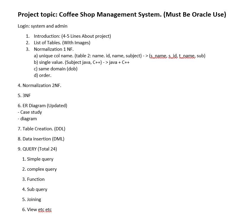 Solved Project topic: Coffee Shop Management System. (Must | Chegg.com