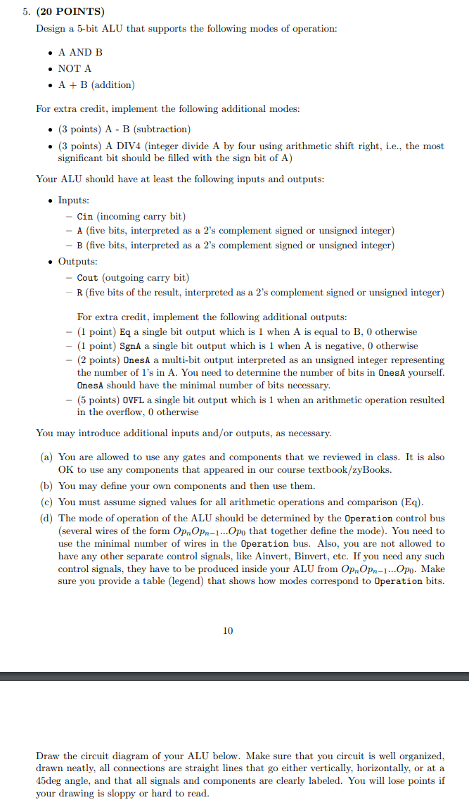Solved 5. (20 POINTS)Design a 5-bit ALU that supports the | Chegg.com Solved 5. (20 POINTS)Design a 5-bit ALU that supports the | Chegg.com
