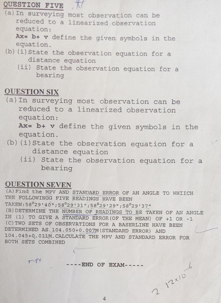 Solved QUESTION FIVE (a) In surveying most observation can | Chegg.com