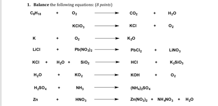 Solved Balance the following equations: (8 points) C8H18 1. | Chegg.com