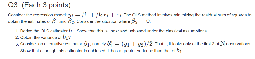 Consider the regression model: yi=β1+β2xi+ei. The OLS | Chegg.com