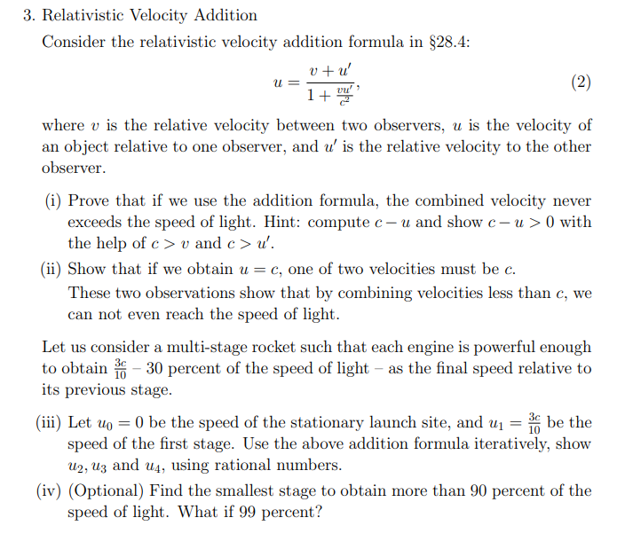 Solved 3. Relativistic Velocity Addition Consider the | Chegg.com