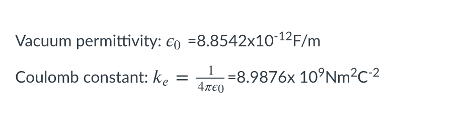 Solved Vacuum permittivity: 60 =8.8542x10-12F/m 1 Coulomb | Chegg.com