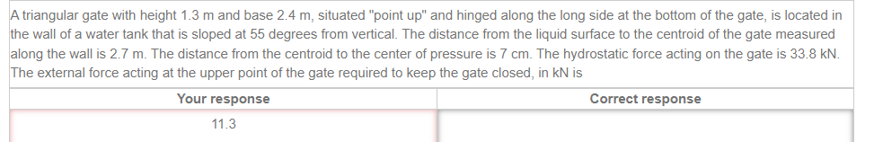 Solved A triangular gate with height 1.3 m and base 2.4 m, | Chegg.com