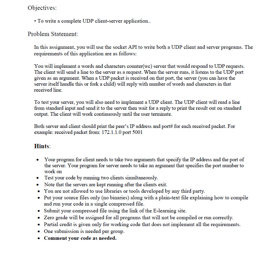 Solved Objectives: • To write a complete UDP client-server | Chegg.com