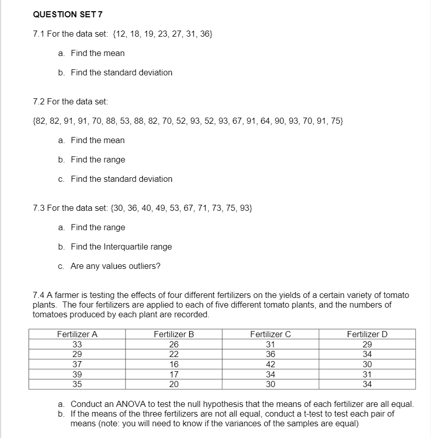 Solved QUESTION SET 7 7.1 For the data set: {12, 18, 19, 23, | Chegg.com