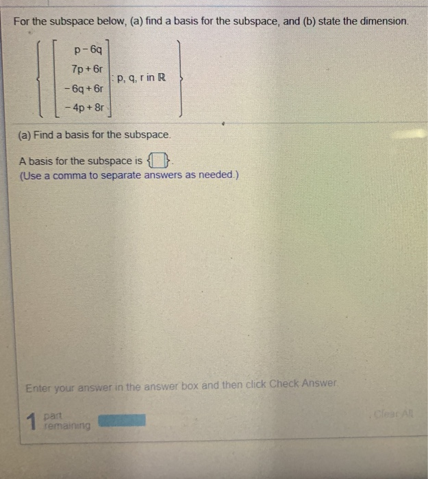 Solved For the subspace below, (a) find a basis for the | Chegg.com