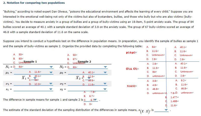 Solved 2. Notation for comparing two populations "Bullying," | Chegg.com