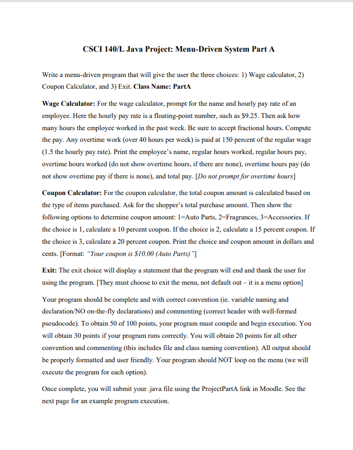 Solved CSCI 140/L Java Project: Menu-Driven System Part A | Chegg.com