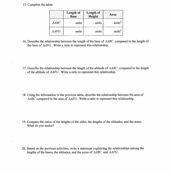 Solved 15. Complete the table: Length of Base Area Length of | Chegg.com