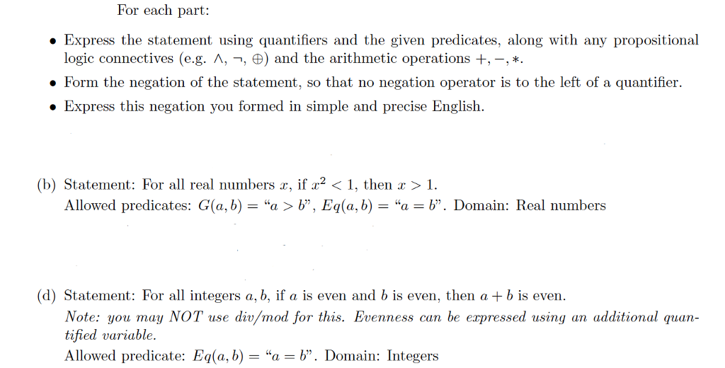 Solved For Each Part Express The Statement Using Quantifiers 1894