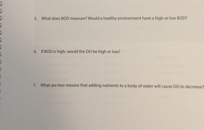 Solved 5. What does BOD measure? Would a healthy environment | Chegg.com