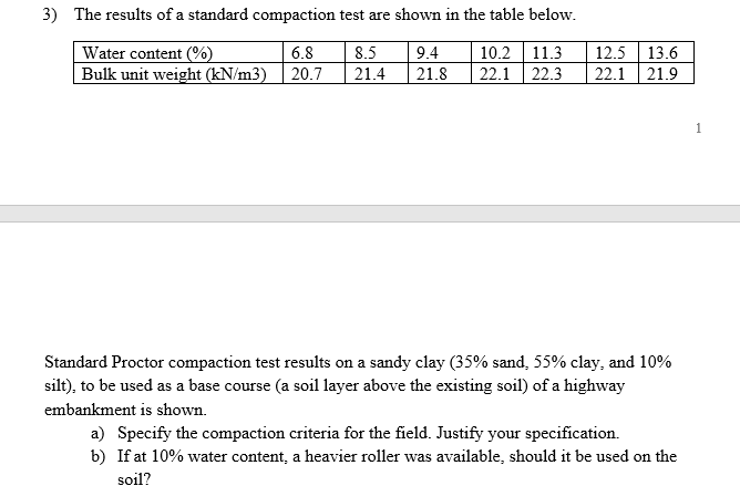 Solved 3) The results of a standard compaction test are | Chegg.com