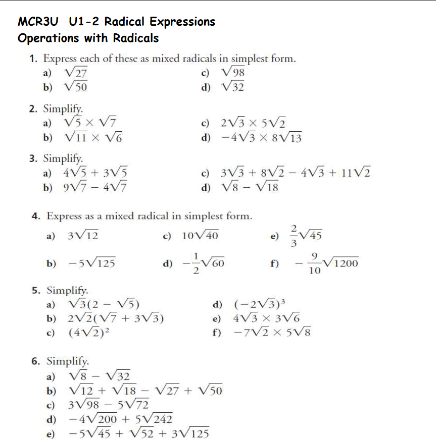 Solved 1. Express each of these as mixed radicals in | Chegg.com