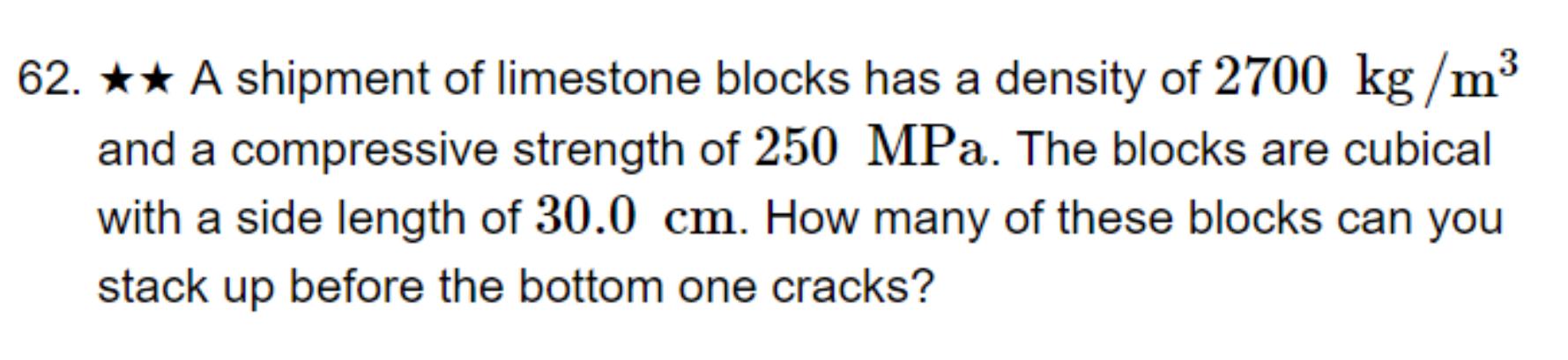 Solved 62. ⋆⋆ A shipment of limestone blocks has a density | Chegg.com