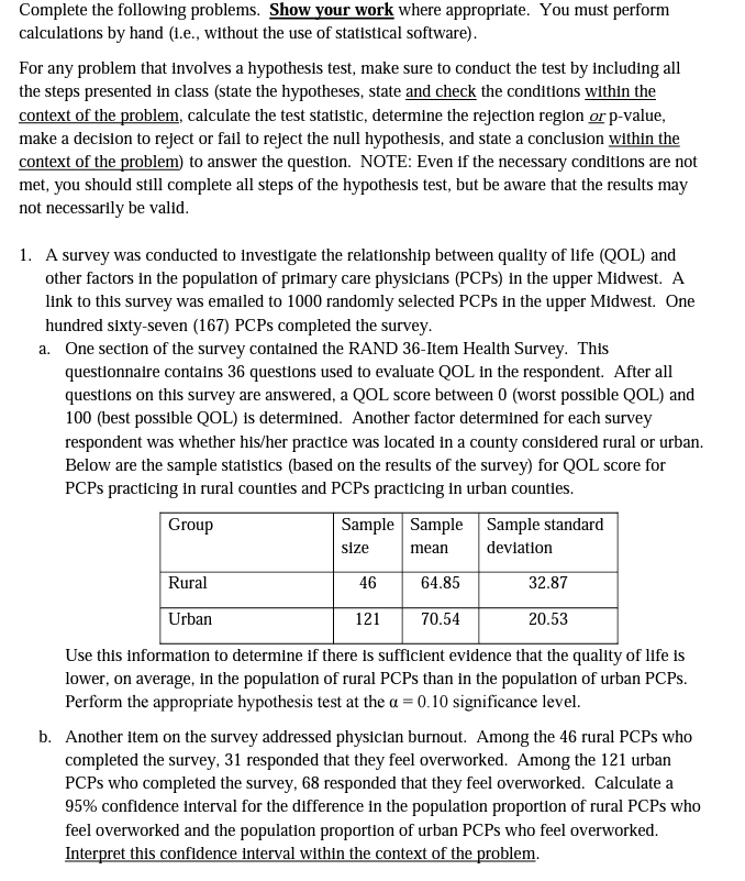 Solved Complete the following problems. Show your work where | Chegg.com