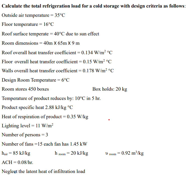 Solved Calculate the total refrigeration load for a cold | Chegg.com