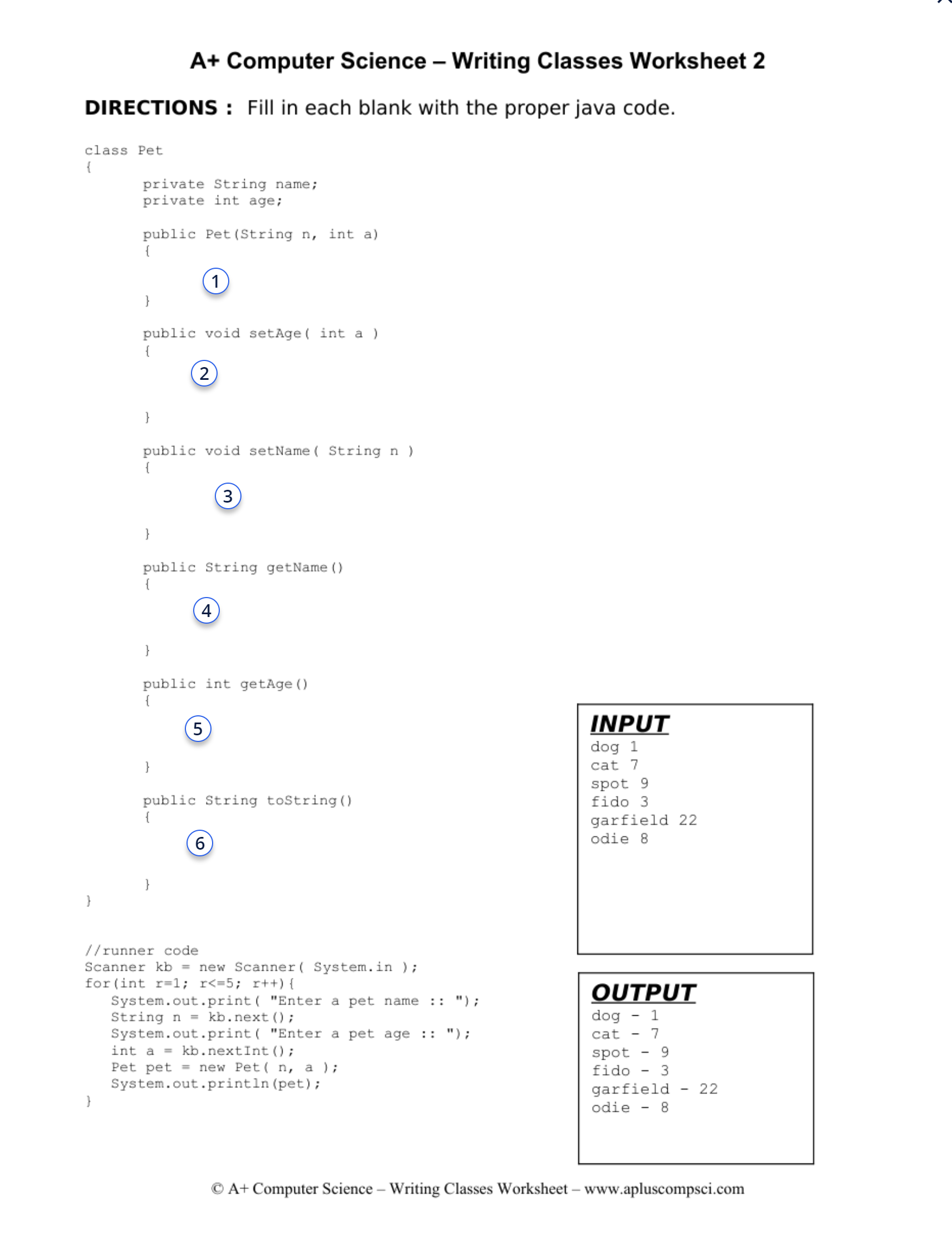 Solved A+ ﻿Computer Science - ﻿Writing Classes Worksheet | Chegg.com
