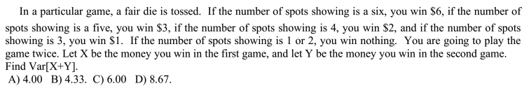 Solved In a particular game, a fair die is tossed. If the | Chegg.com