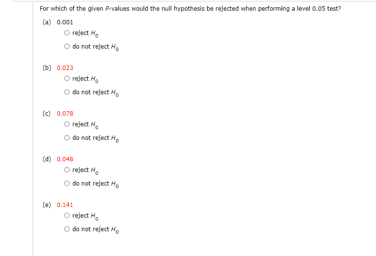 Solved For which of the given P-values would the null | Chegg.com