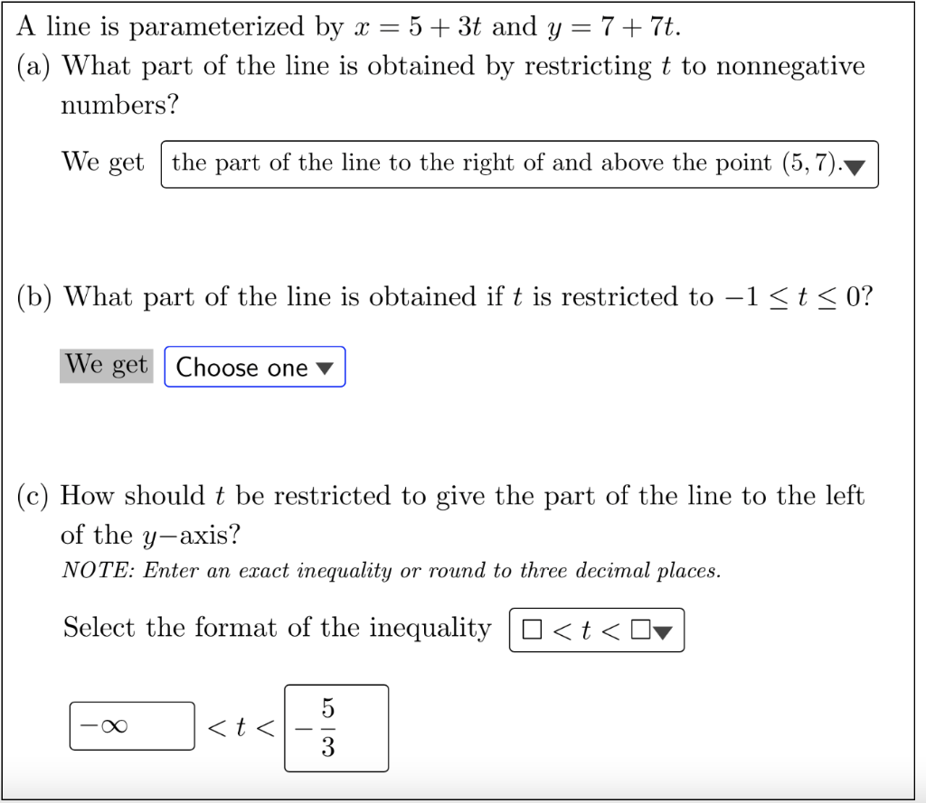 Solved A line is parameterized by x=5+3t and y=7+7t. (a) | Chegg.com